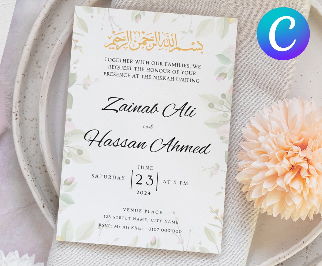 Editable Islamic Nikkah Invitation Template, Muslim Wedding Invite ...