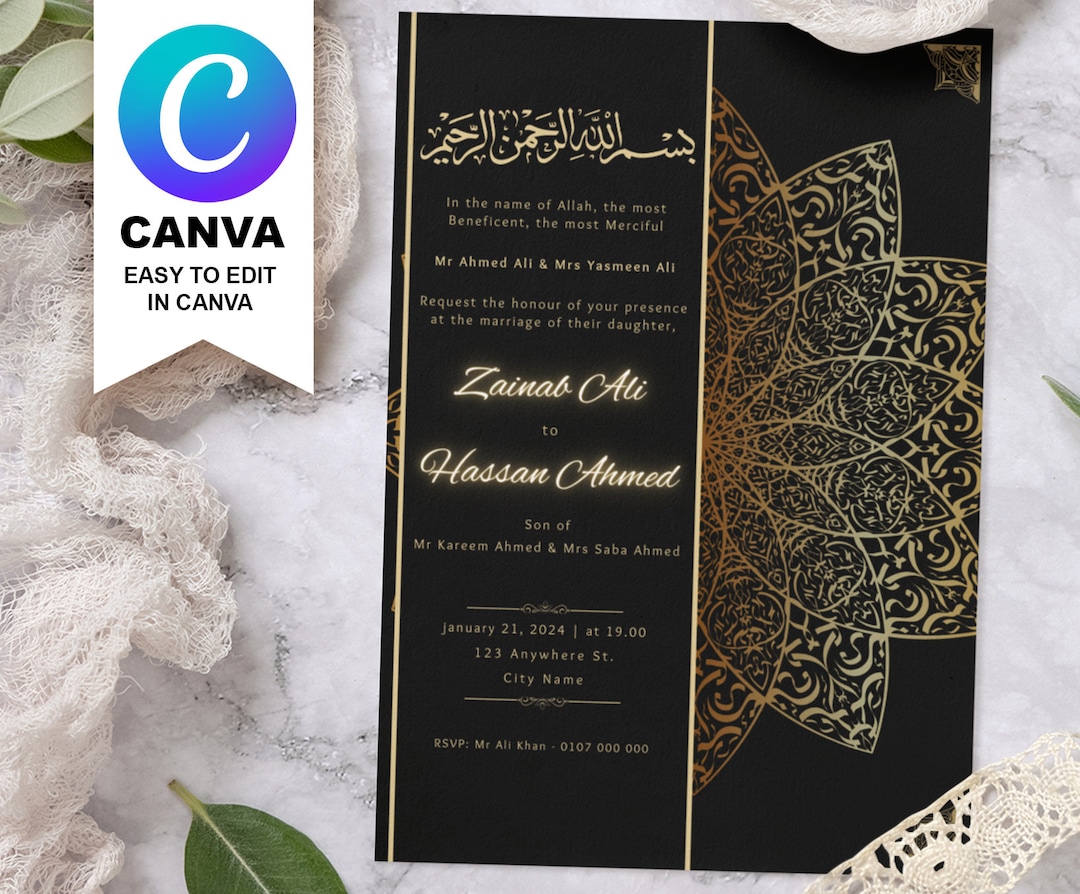 Black & Gold Islamic Nikkah Invitation: Elegant Walimah Shaadi (digital ...