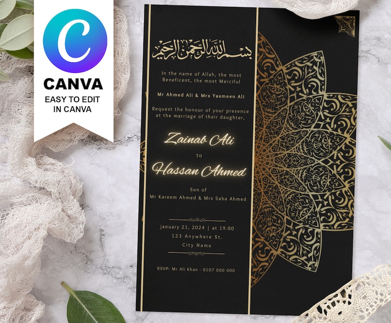 Luxury Black & Gold Islamic Nikkah Invitation Card – Digital Islamic ...