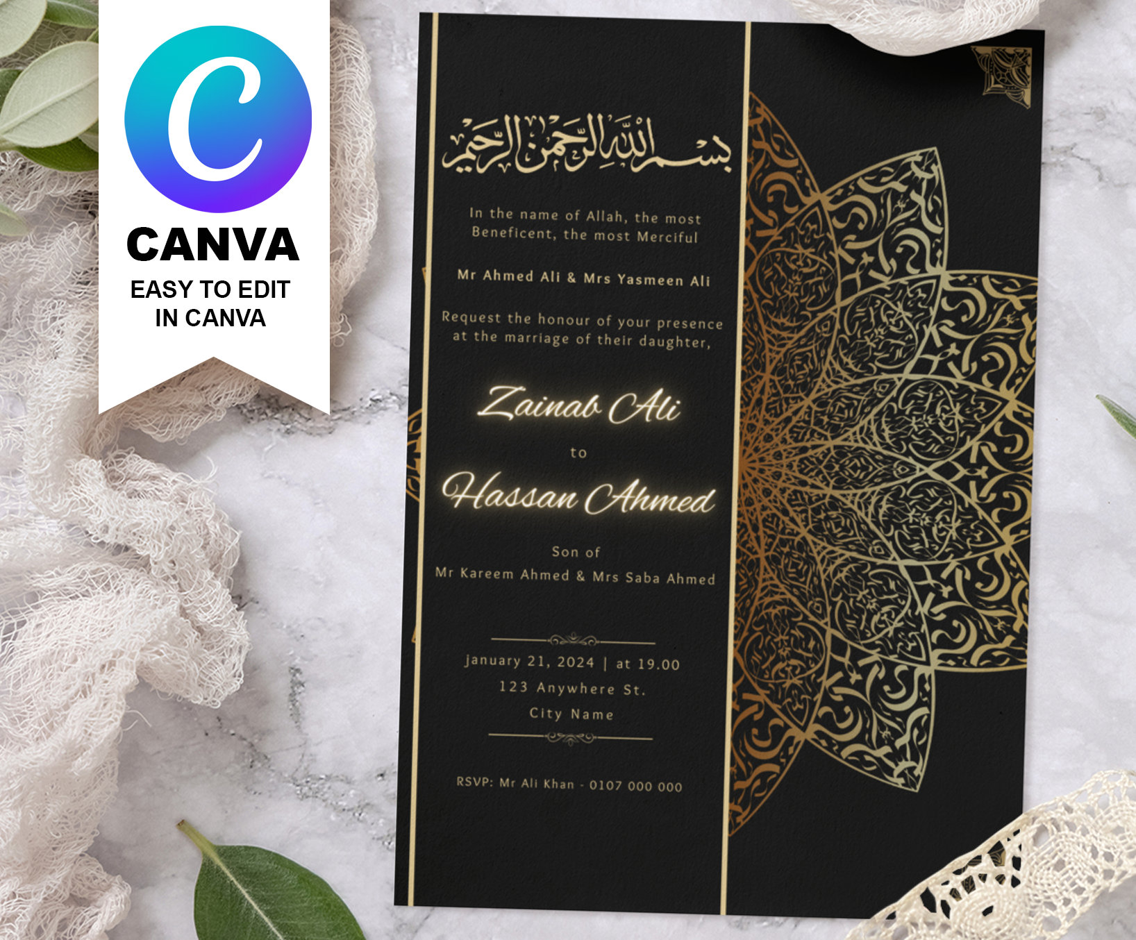 Black & Gold Islamic Nikkah Invitation: Elegant Walimah Shaadi (digital ...