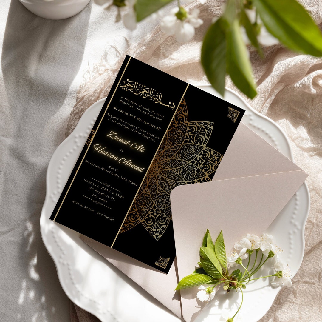 Luxury Black & Gold Islamic Nikkah Invitation Card – Digital Islamic ...
