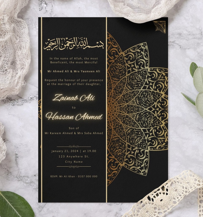 Luxury Black & Gold Islamic Nikkah Invitation Card – Digital Islamic ...