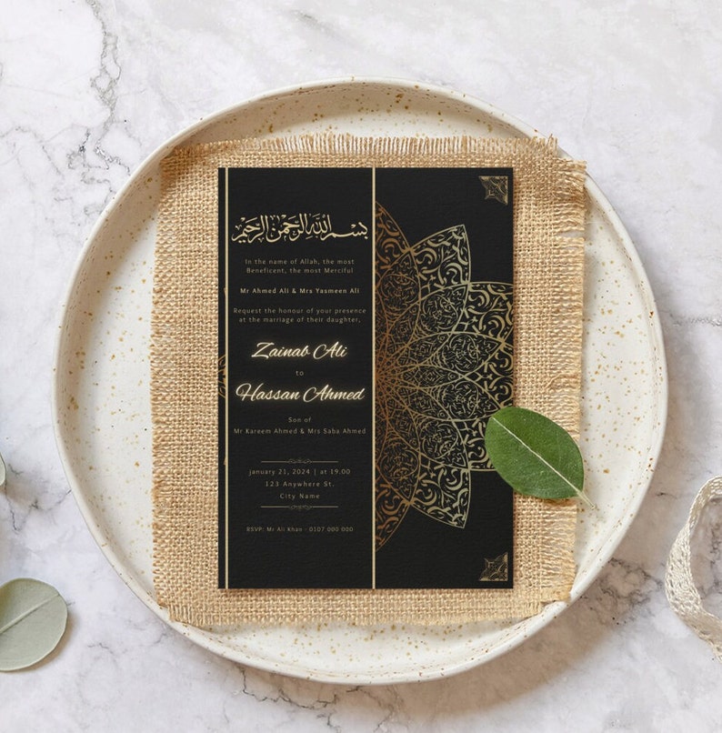 Luxury Black & Gold Islamic Nikkah Invitation Card – Digital Islamic ...