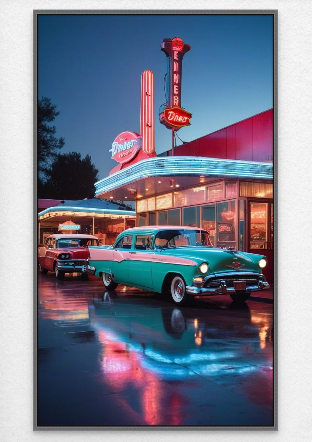 Classic 1950s American Diner, Neon Signs, Vintage Cars Parked Outside ...