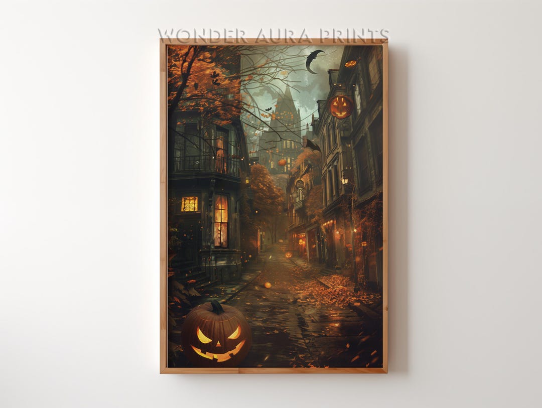 Spooky Houses With Jack O'lanterns, Dark Academia Decor, Moody Digital ...