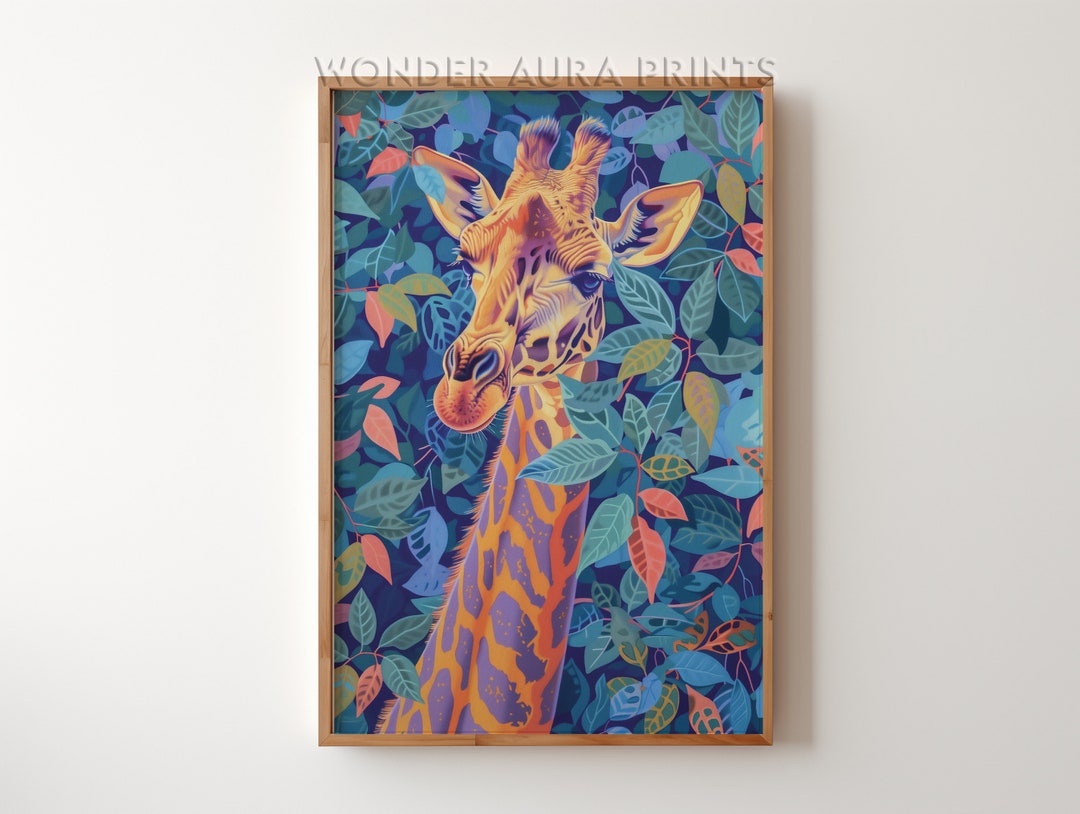 Preppy Giraffe in Jungle, Maximalist Wall Decor, Giraffe Wall Art Print ...