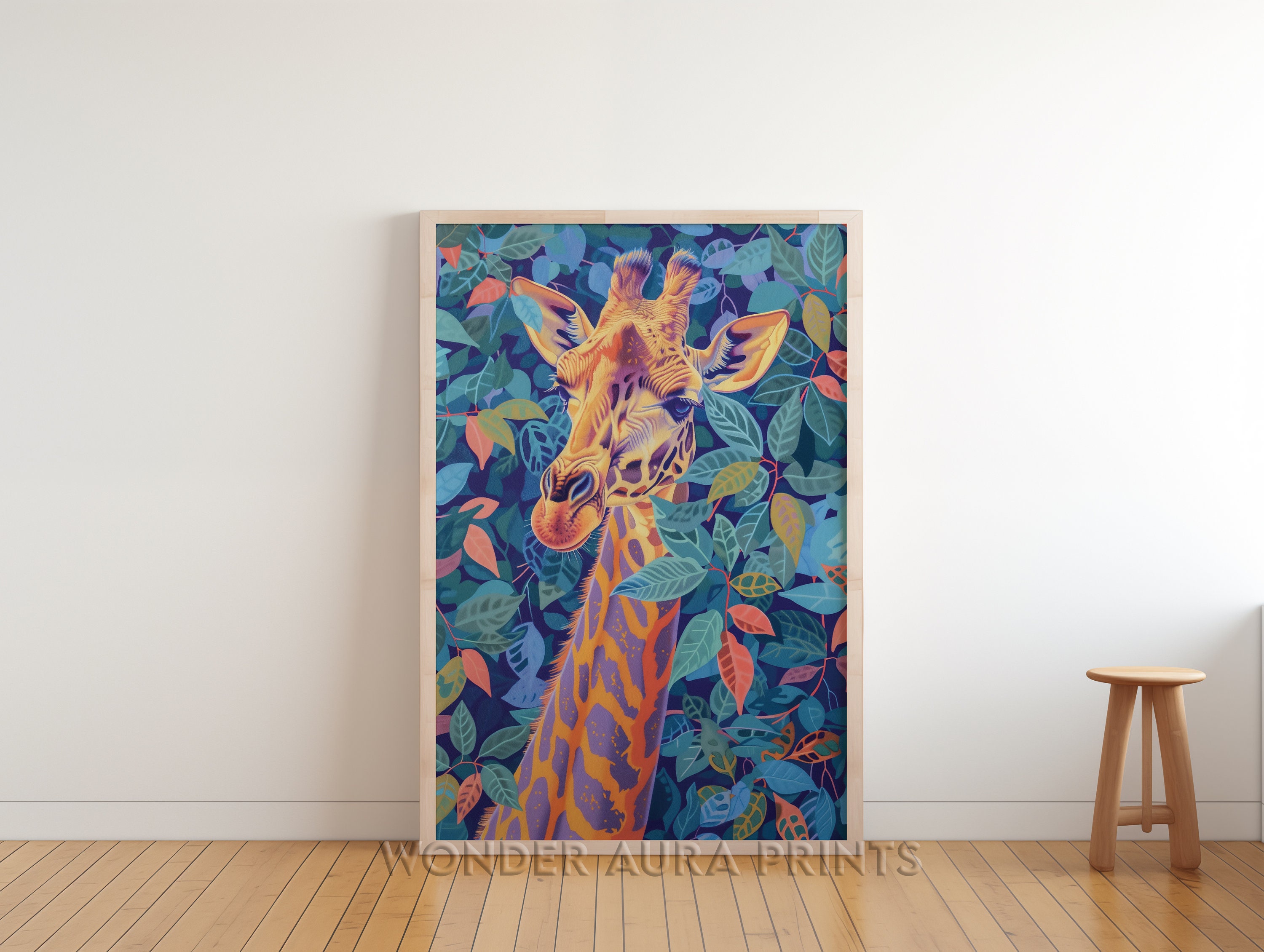 Preppy Giraffe in Jungle, Maximalist Wall Decor, Giraffe Wall Art Print ...