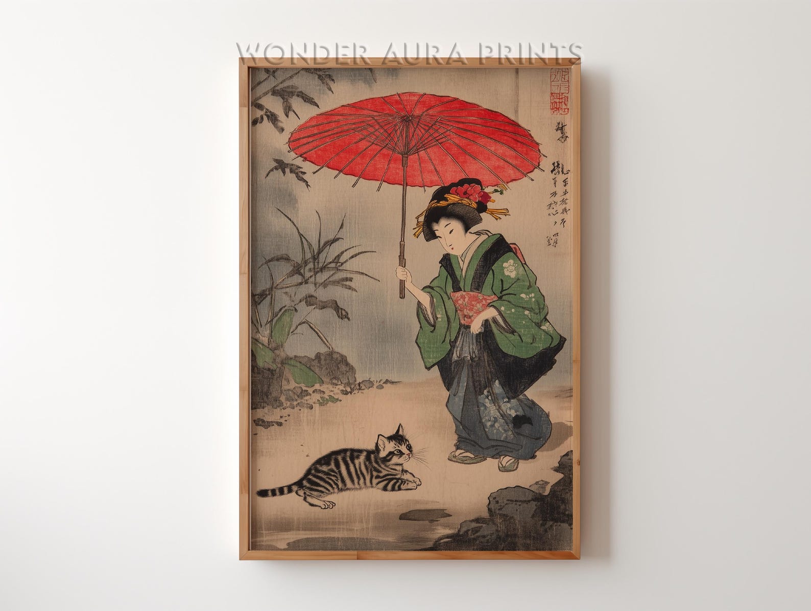 Japanese Geisha With A Cat Japanese Wall Art Landscape Poster Print ...