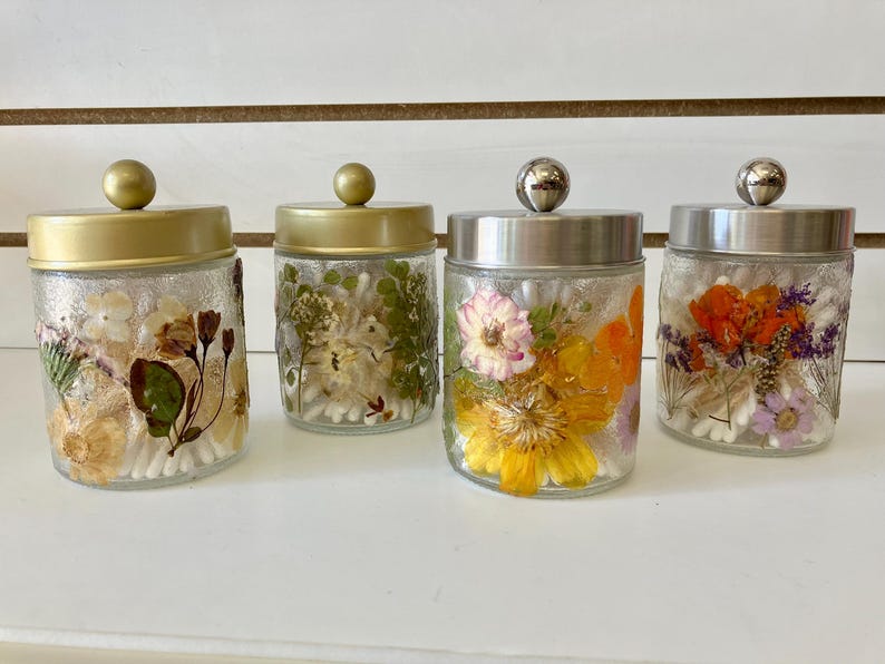Q-tip Jar, Floral Glass Jar, Bathroom Decor, Cotton Ball Holder, Q-tip ...