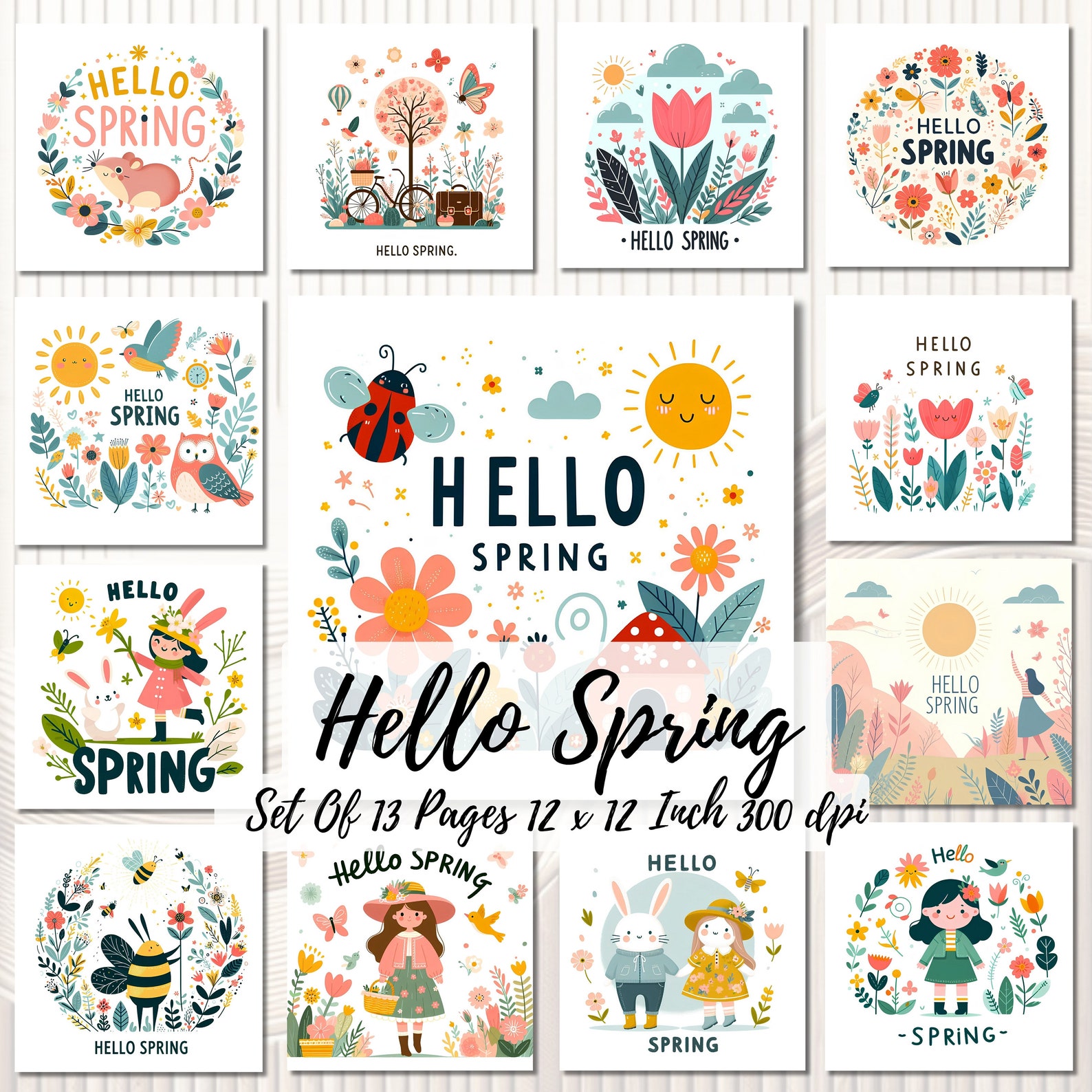 Set of 13 Hello Spring Digital Papers Pack,illustrations,digital ...