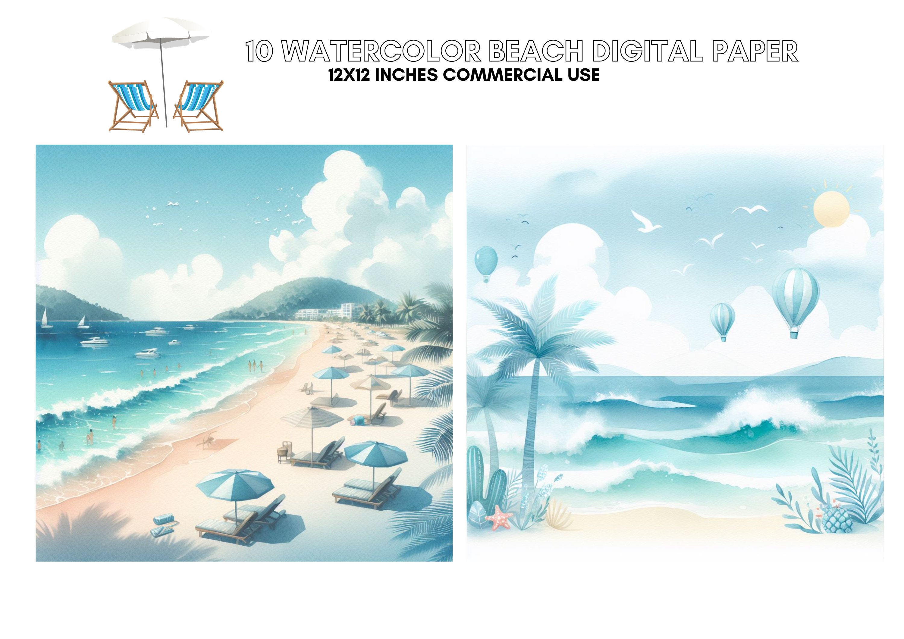 Watercolor Beach Digital Paper Pack Printable Scrapbooking Paper ...