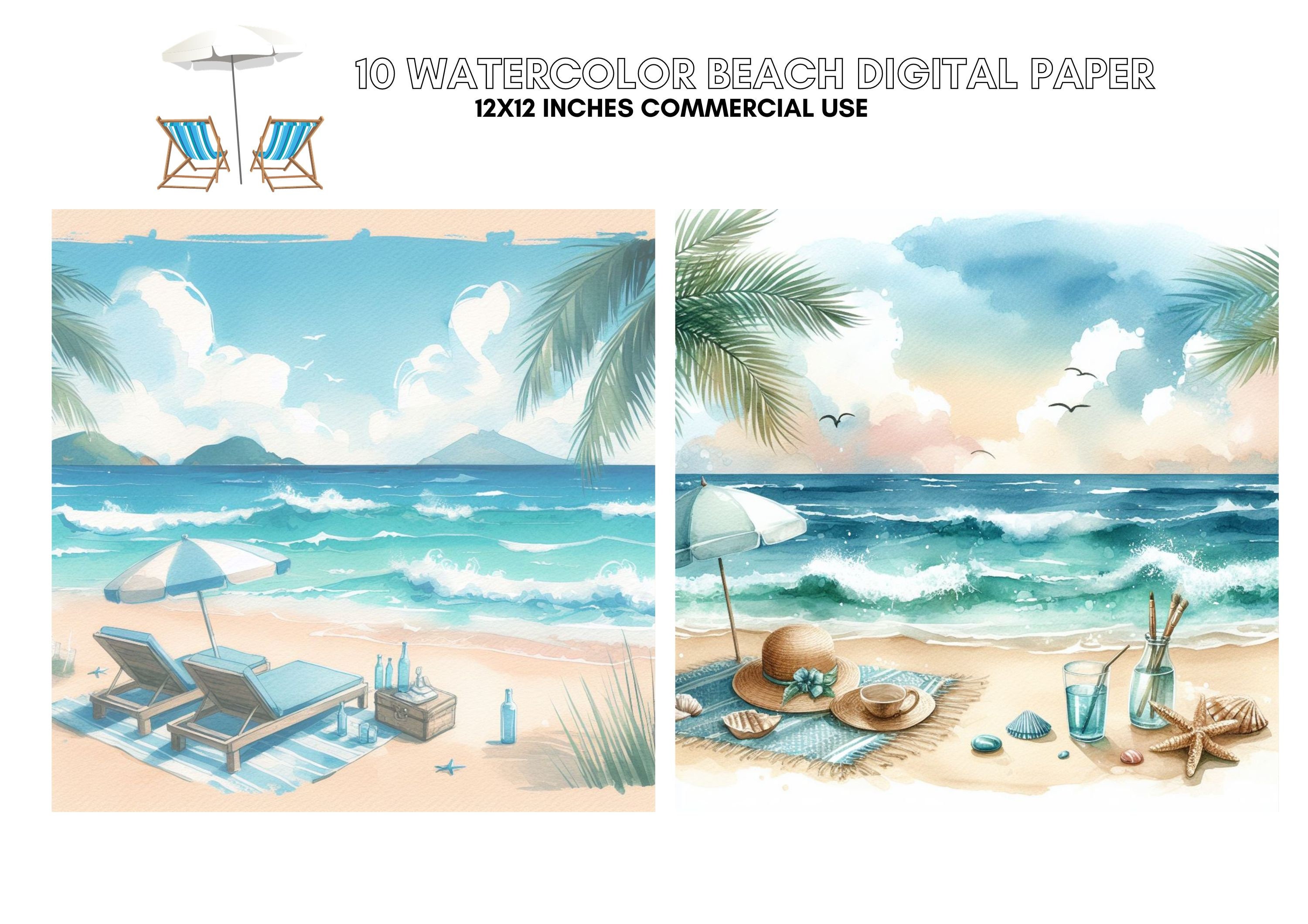 Watercolor Beach Digital Paper Pack Printable Scrapbooking Paper ...