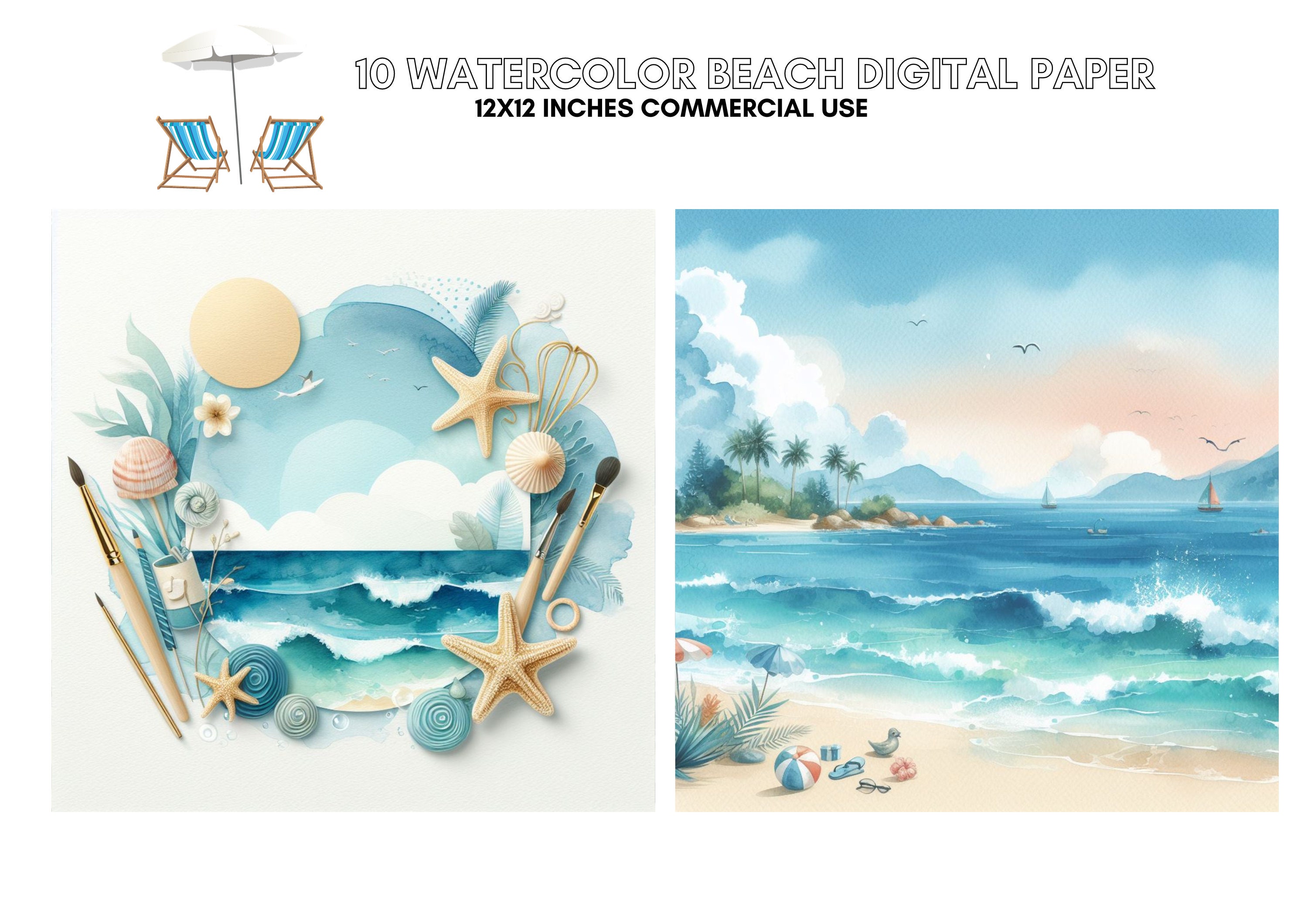 Watercolor Beach Digital Paper Pack Printable Scrapbooking Paper ...