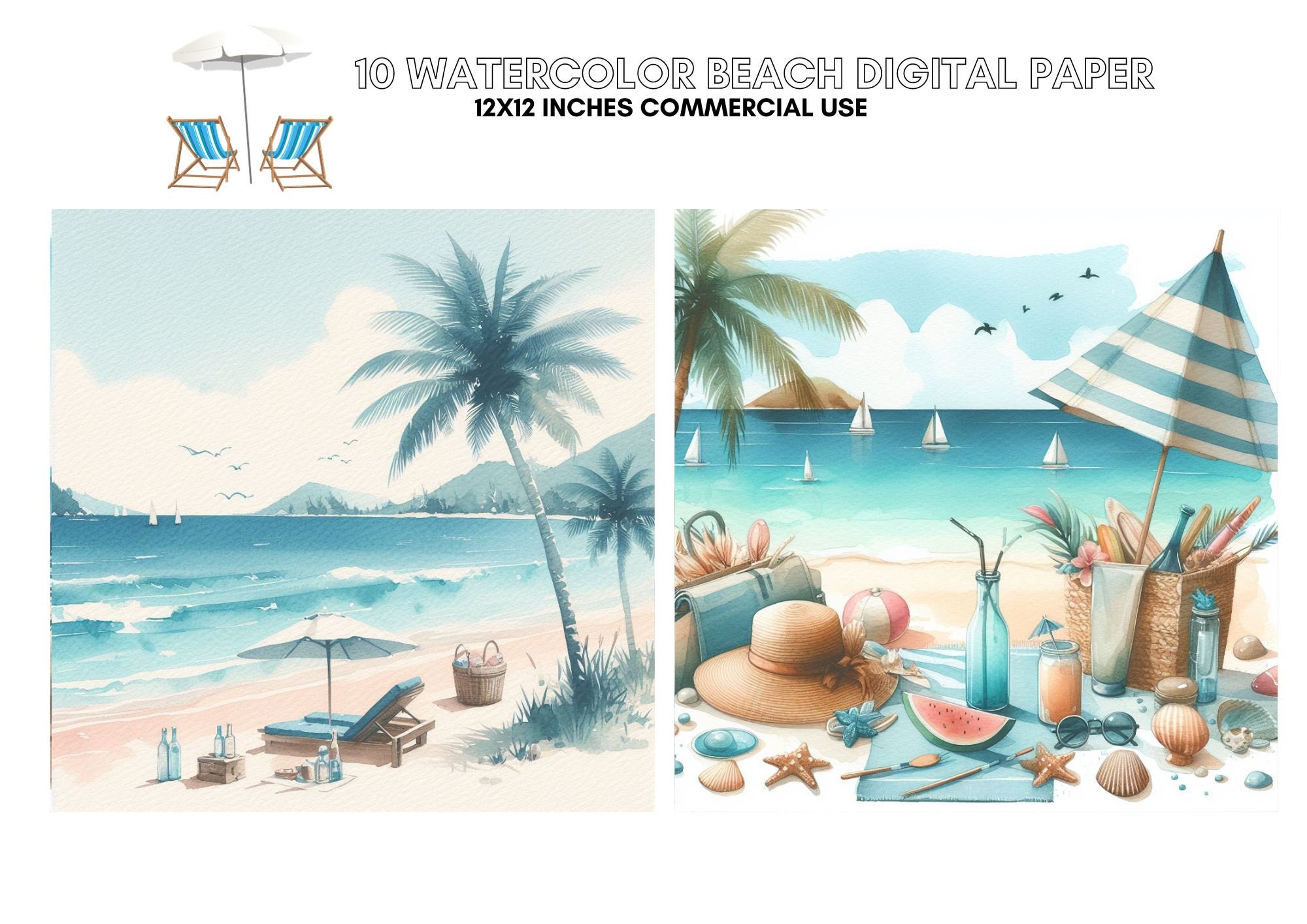 Watercolor Beach Digital Paper Pack Printable Scrapbooking Paper ...