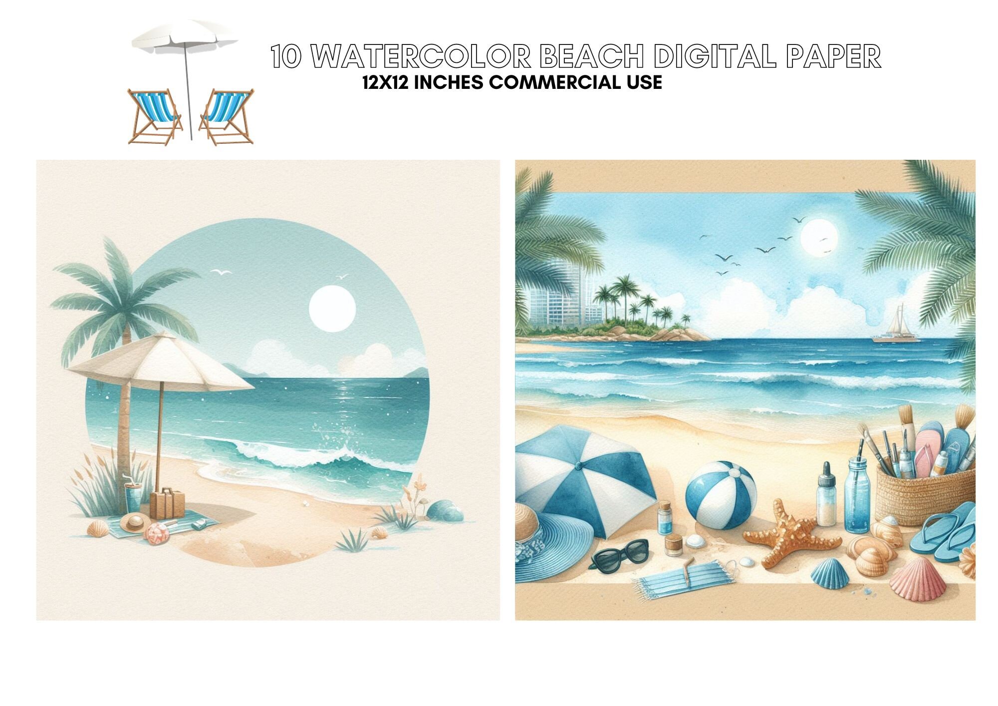 Watercolor Beach Digital Paper Pack Printable Scrapbooking Paper ...