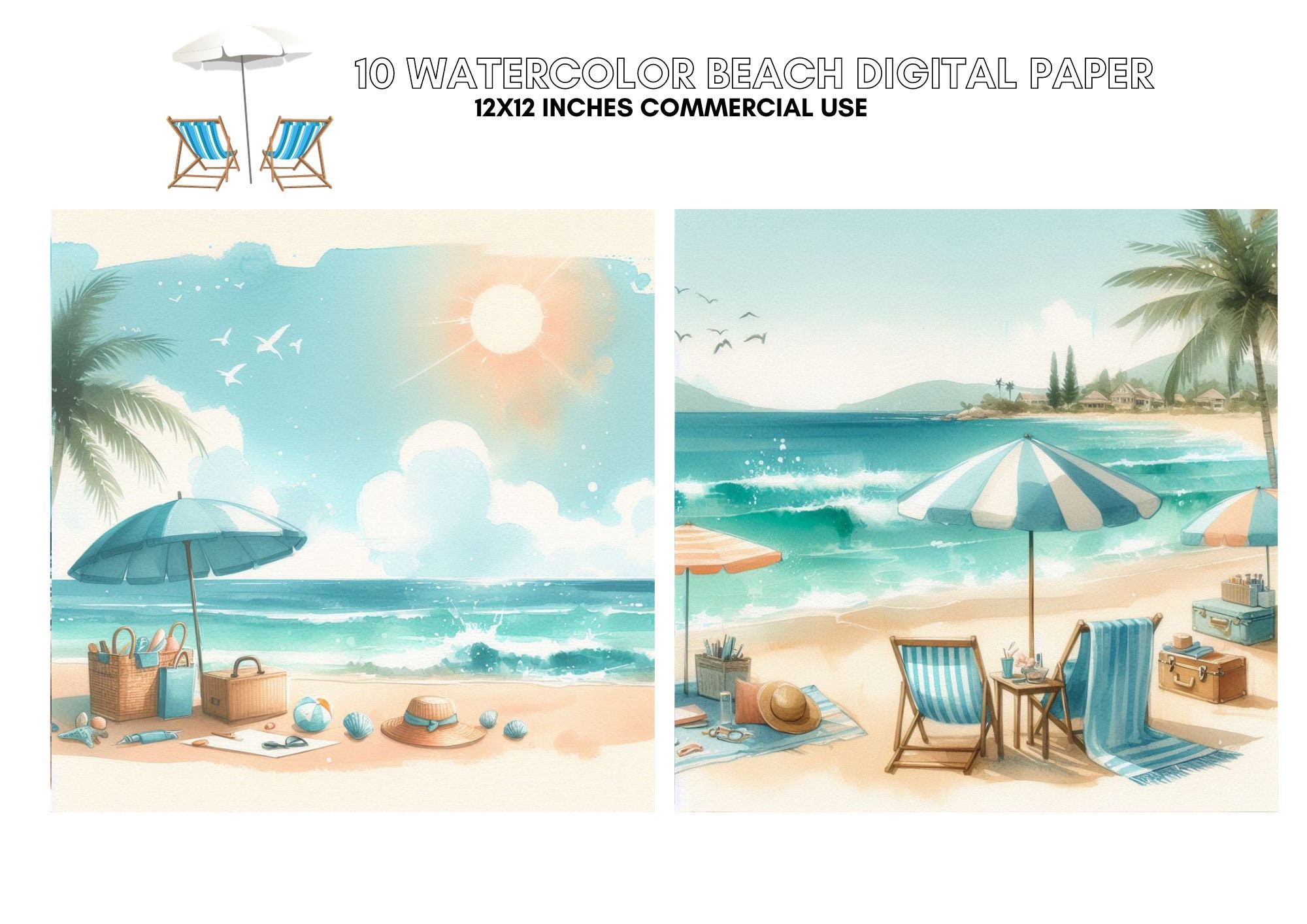 Watercolor Beach Digital Paper Pack Printable Scrapbooking Paper ...