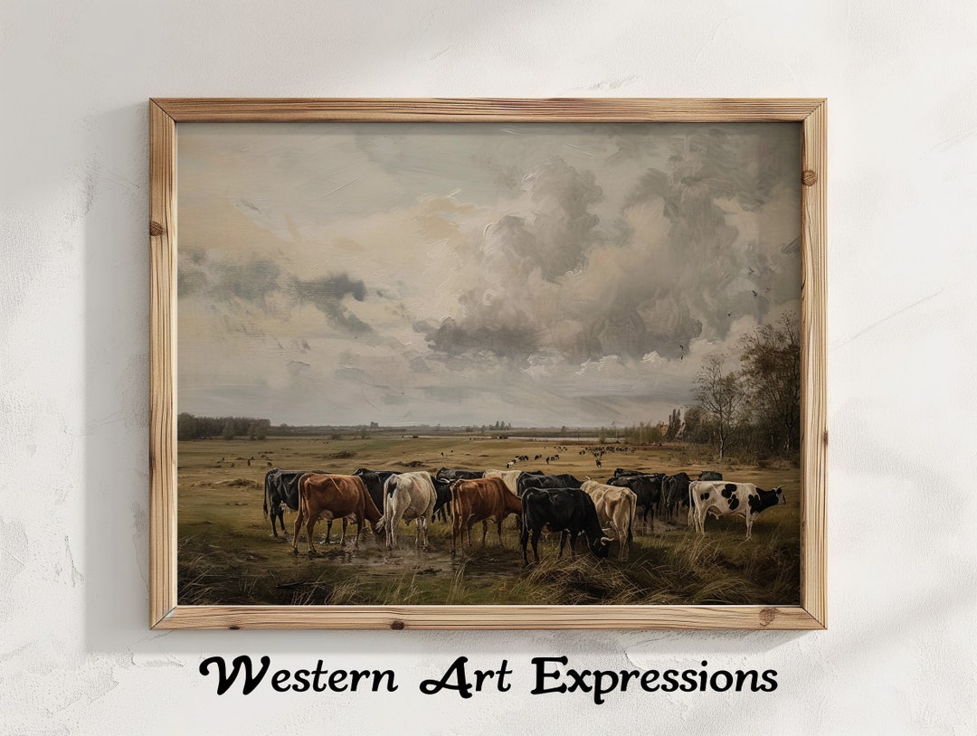 Cows in Field Rustic Cattle Painting Vintage Farmhouse Wall Art Country ...