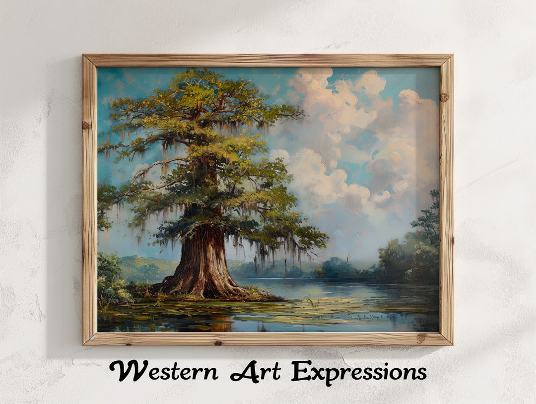 Bald Cypress Tree | Vintage Painting | Vintage Landscape Painting Wall ...