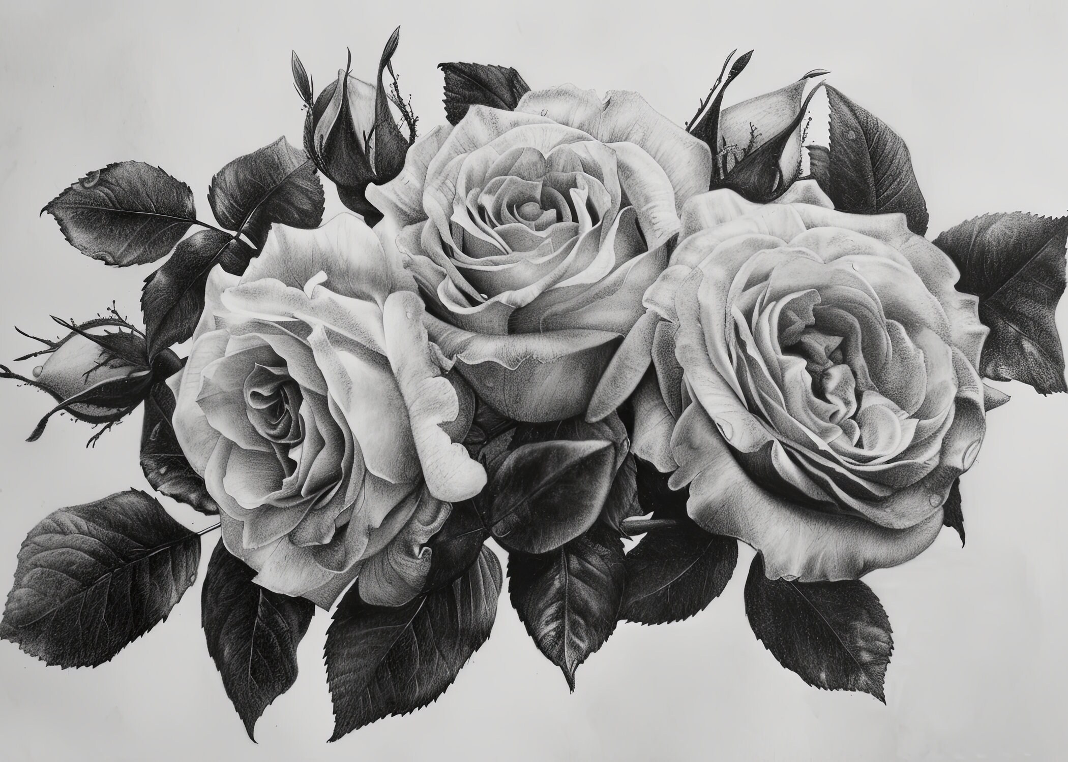 Trio of Roses - Ink Drawing | Black and White Rose Artwork | Large Wall ...