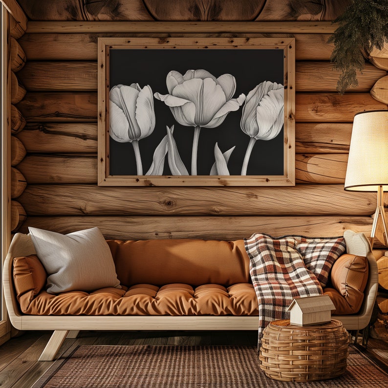 Tulip Trio - Ink Drawing | Monochrome Tulips Wall Art | Black and White ...