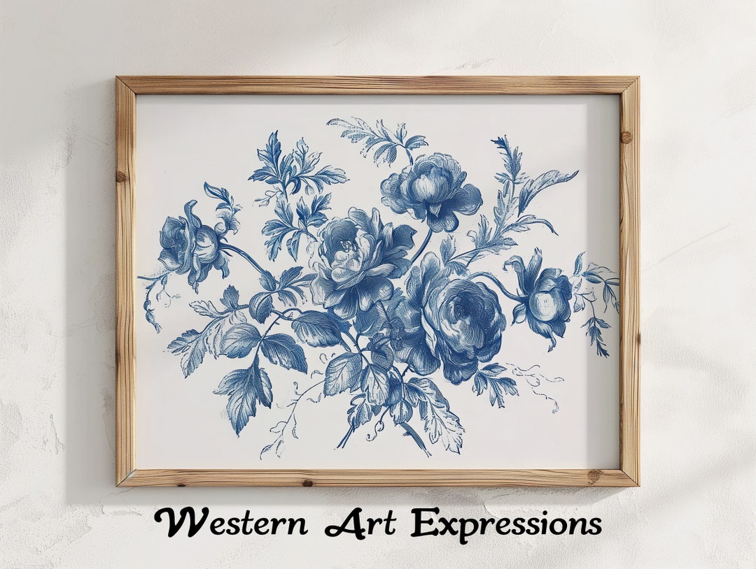 Blue Floral Arrangement - Hand Drawn Ink | Vintage Floral Wall Art ...