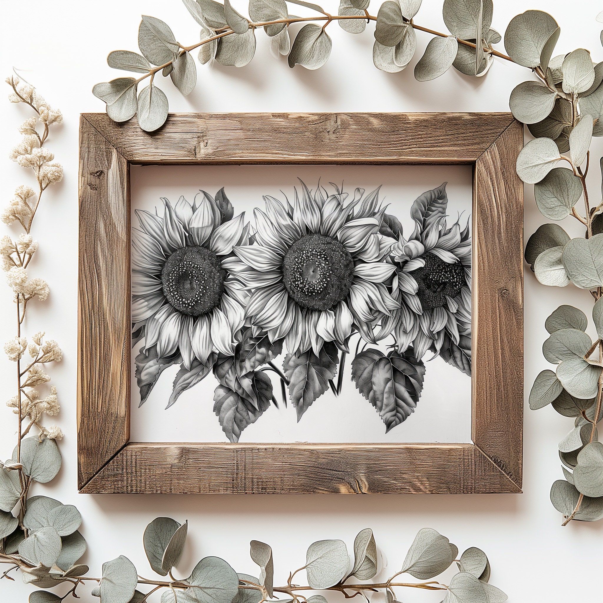 Sunflower Trio - Ink Drawing | Sunflower Wall Art | Black and White ...