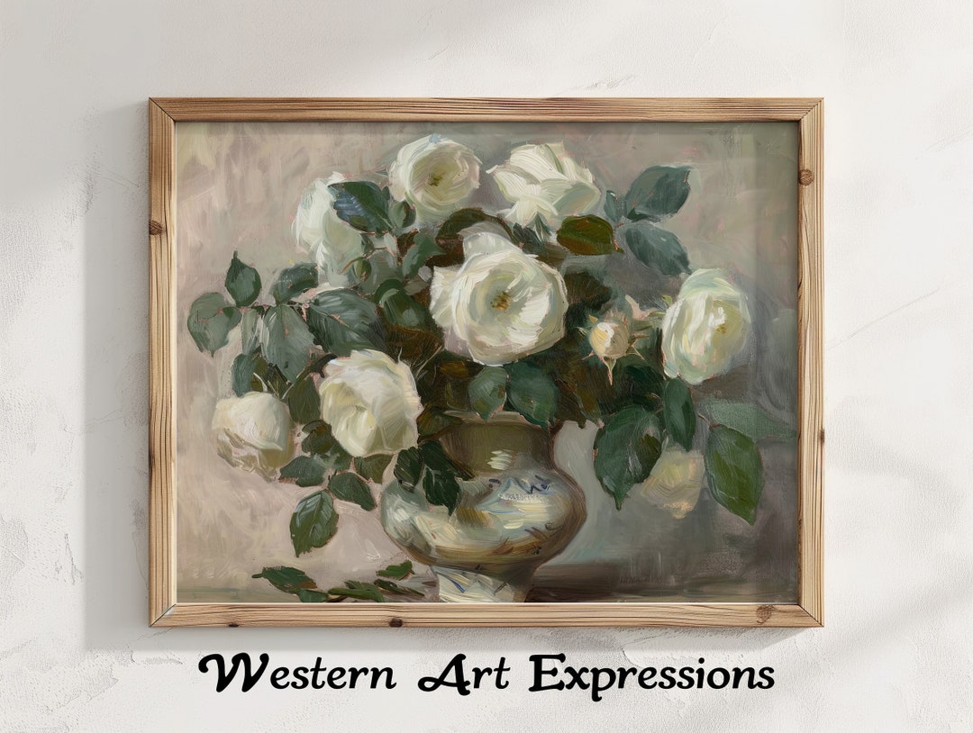 Vase of White Roses | Vintage Floral Wall Art | Classic White Roses ...