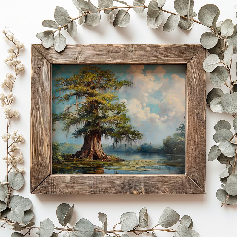 Bald Cypress Tree | Vintage Painting | Vintage Landscape Painting Wall ...