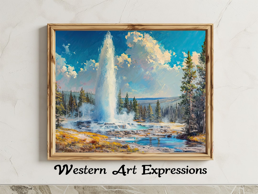 Yellowstone Geyser Oil Painting Digital Print Rustic Cabin Decor ...