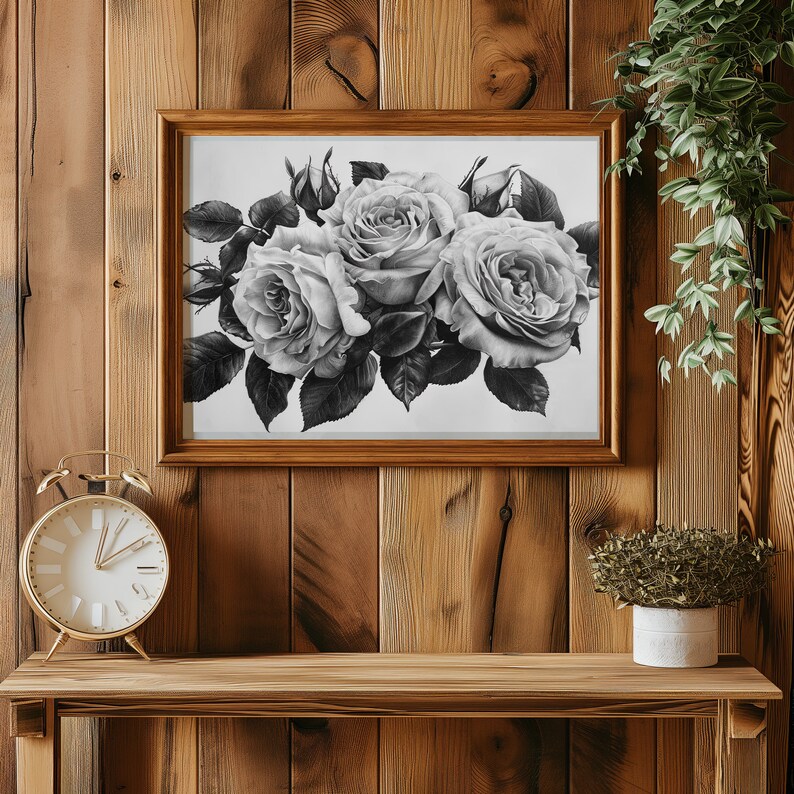 Trio of Roses - Ink Drawing | Black and White Rose Artwork | Large Wall ...