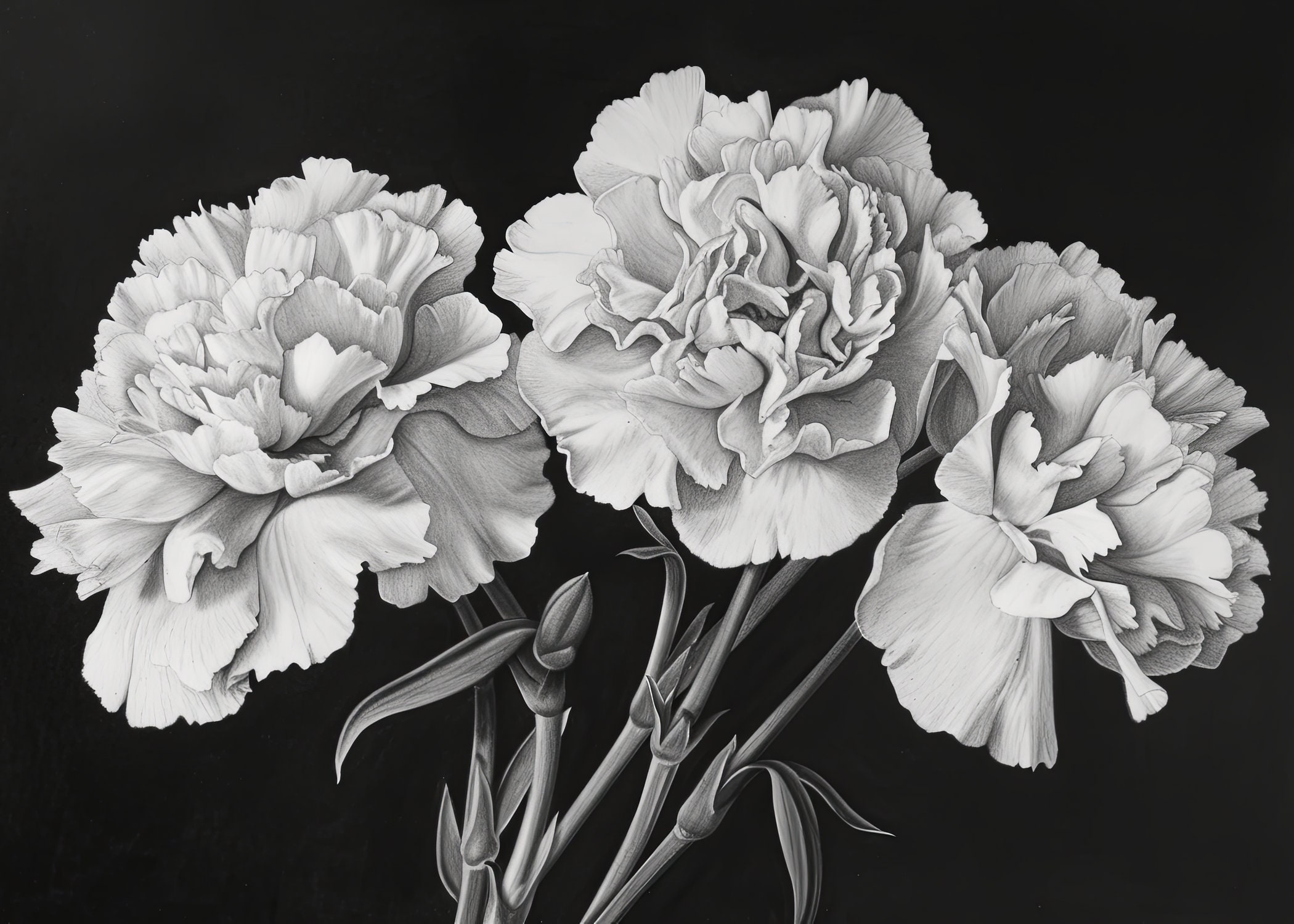 Carnation Trio - Ink Drawing | Black and White Floral Art | Pencil ...