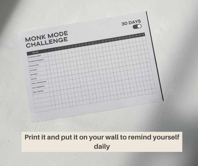 MONK MODE Challenge Printable Tracker - Etsy