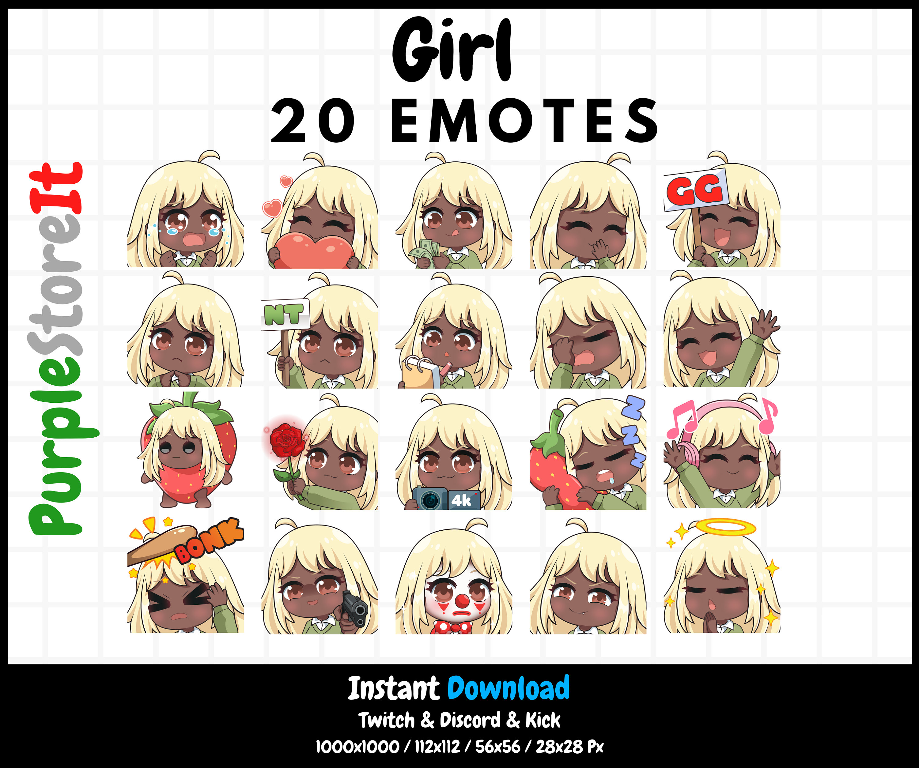 20 Girl Emotes | Dark Skin | Brown Eyes | Blonde Hair | Twitch Emotes ...