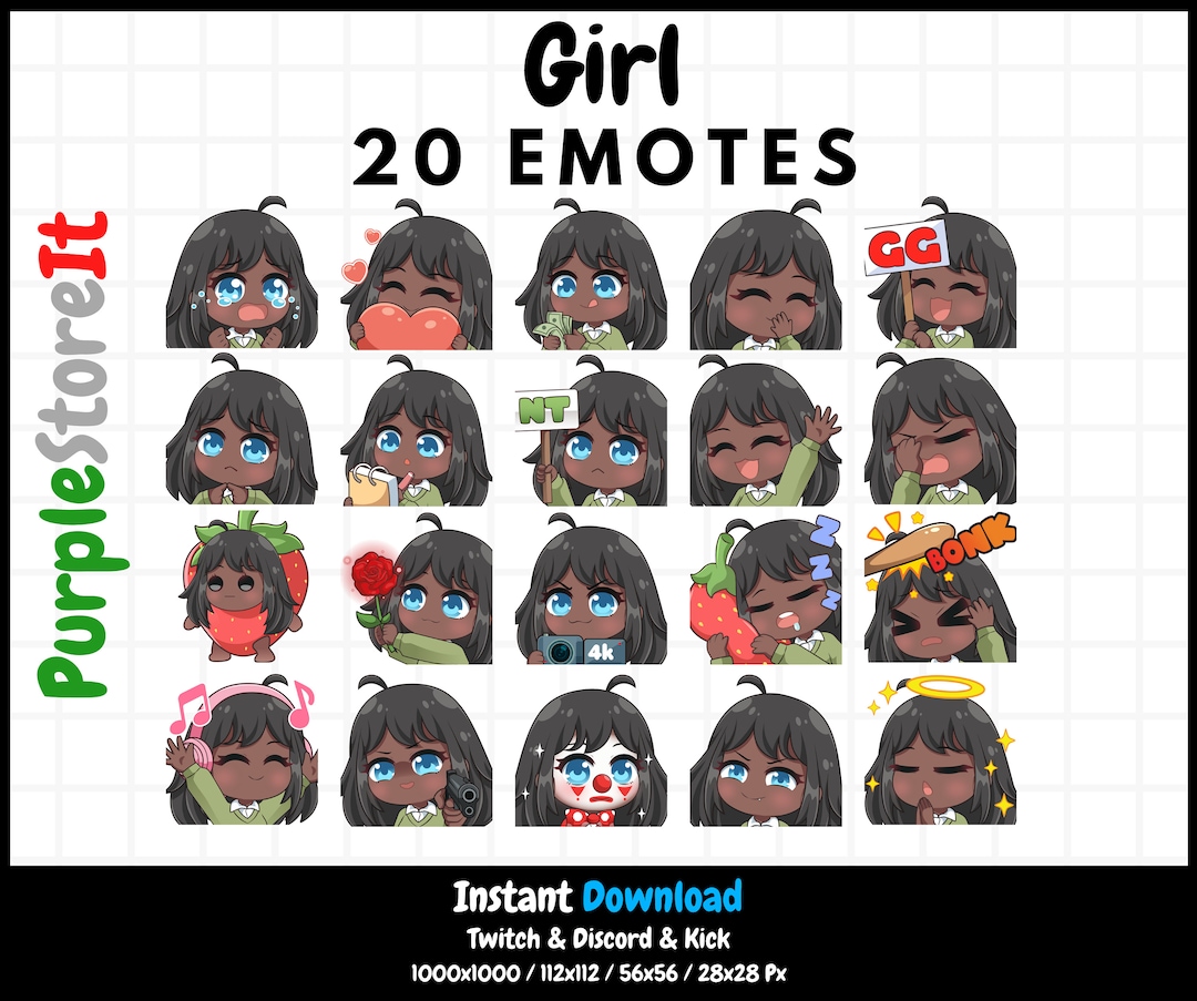 20 Girl Emotes | Dark Skin | Blue Eyes | Black Hair | Twitch Emotes ...