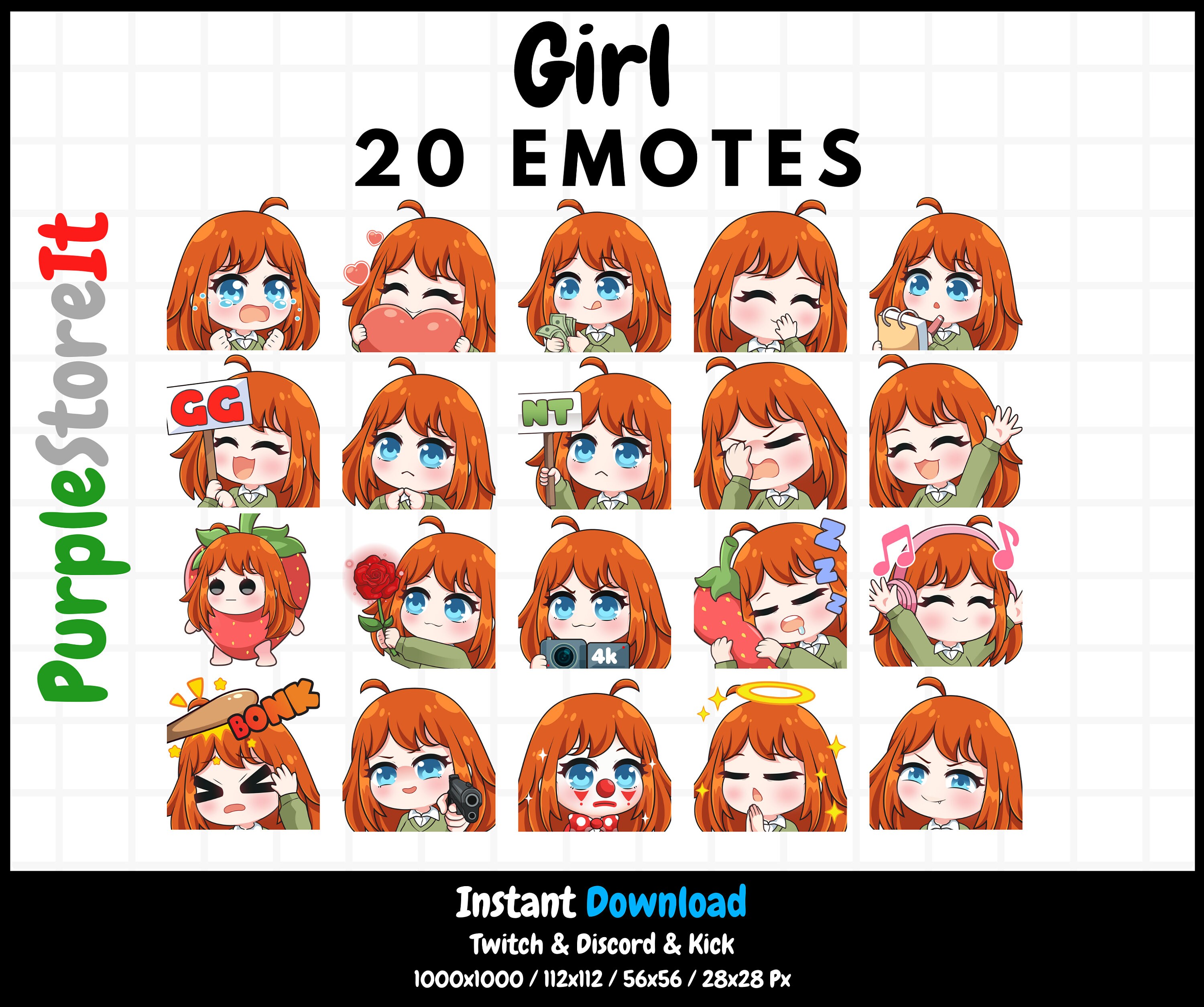 20 Girl Emotes Light Skin Blue Eyes Ginger Hair Twitch Emotes Discord ...