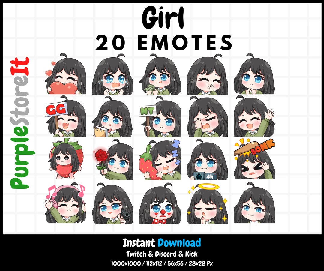 20 Girl Emotes | Lighk Skin | Blue Eyes | Black Hair | Twitch Emotes ...