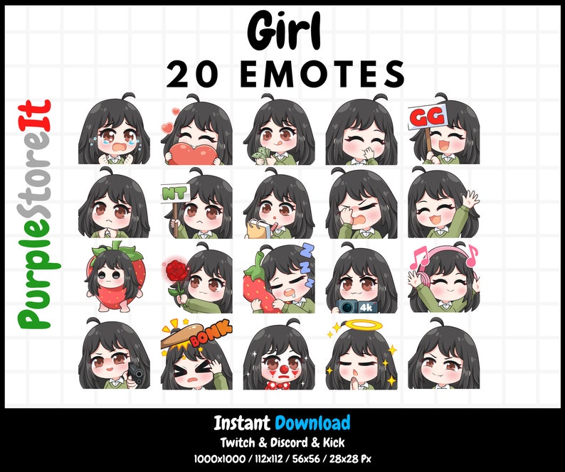 20 Girl Emotes | Light Skin | Brown Eyes | Black Hair | Twitch Emotes ...