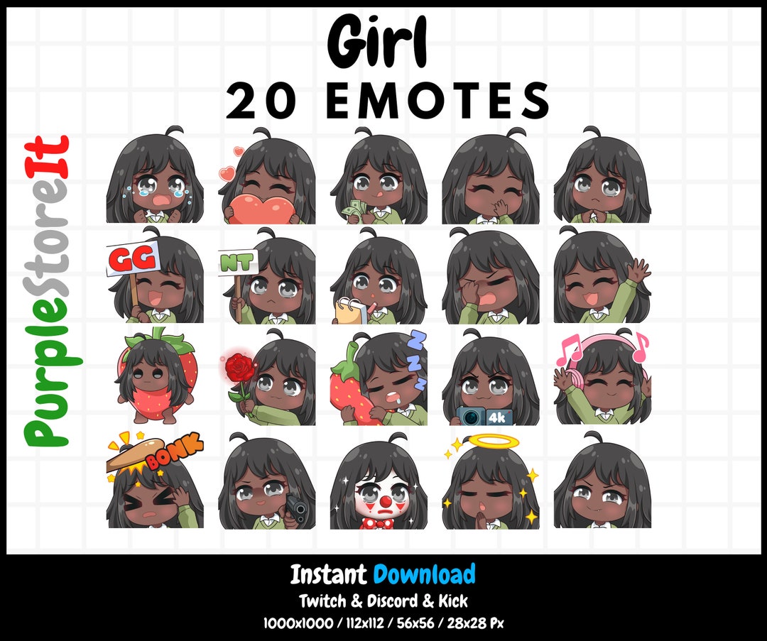 20 Girl Emotes | Dark Skin | Black Eye | Black Hair | Twitch Emotes ...