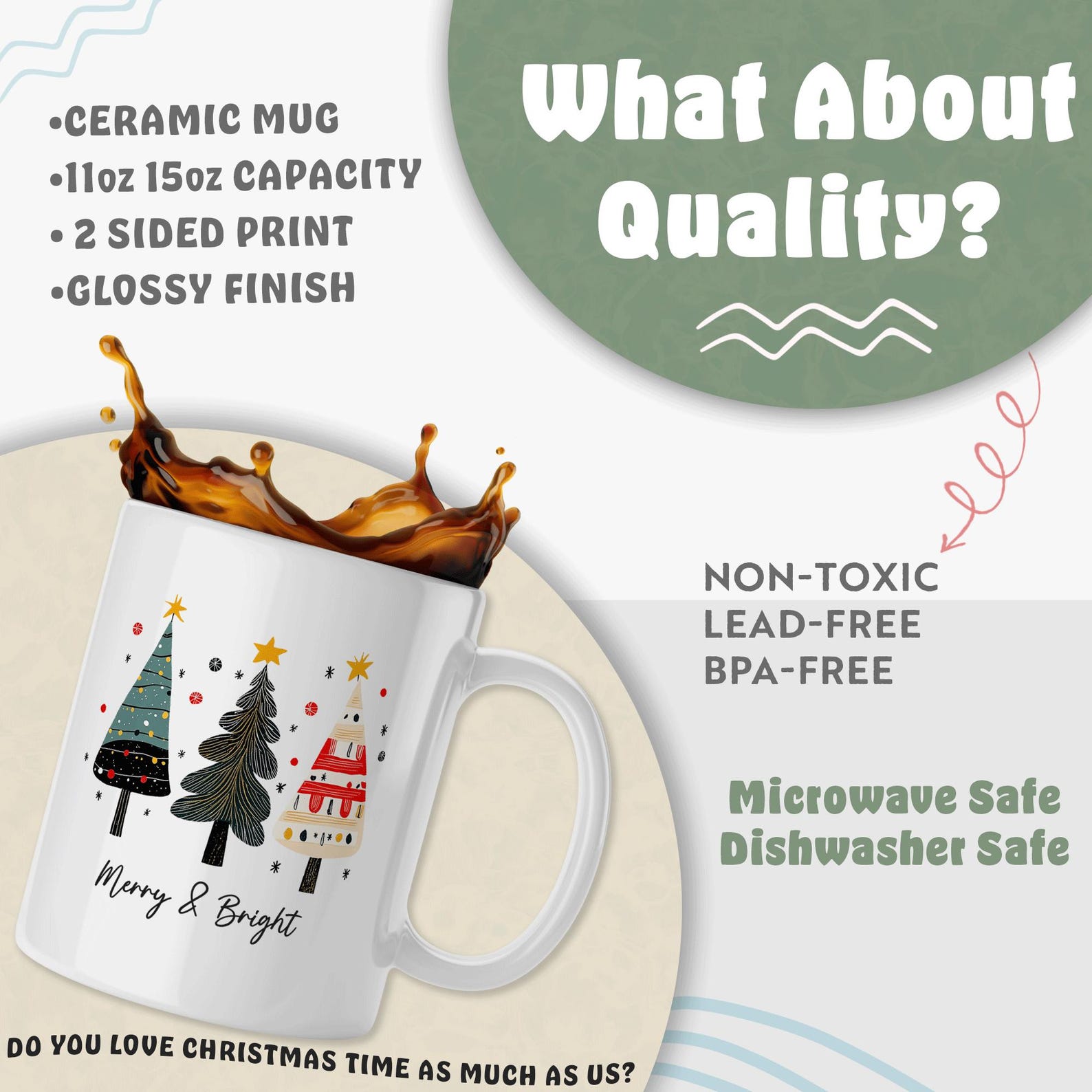 Christmas Quotes Graphic Mug, Merry and Bright Christmas Tree Mug ...