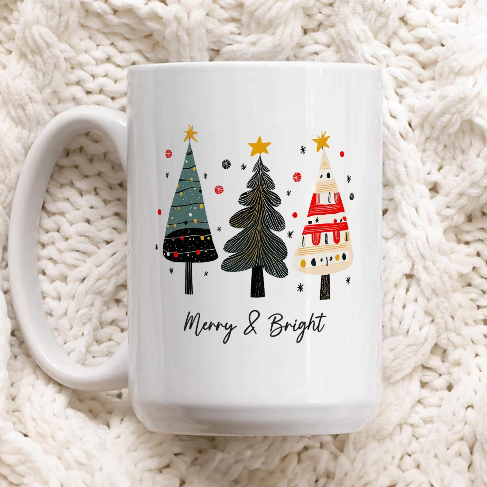 Christmas Quotes Graphic Mug, Merry and Bright Christmas Tree Mug ...