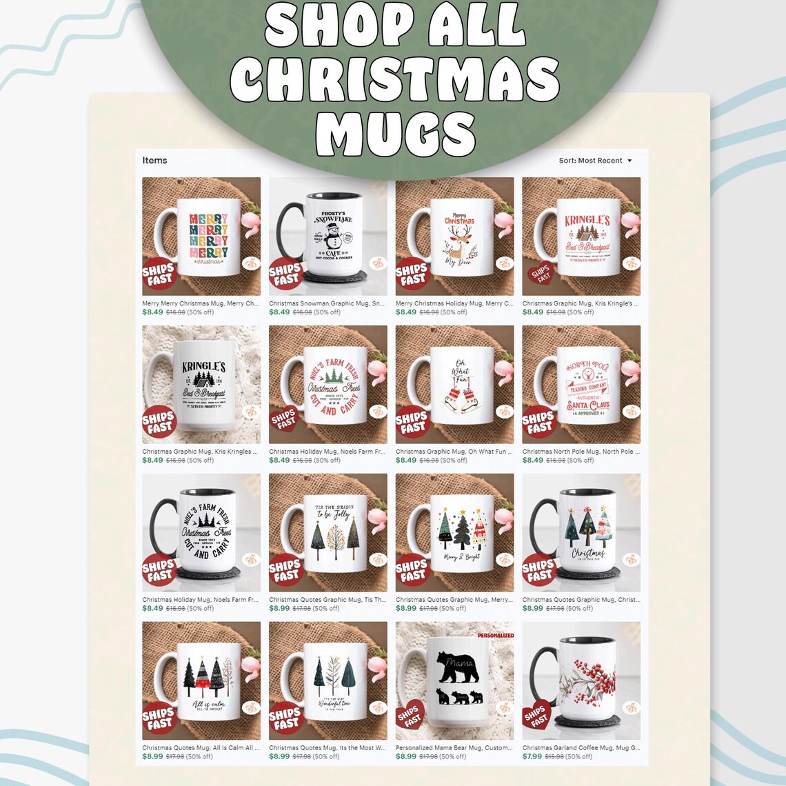 Christmas Quotes Graphic Mug, Merry and Bright Christmas Tree Mug ...