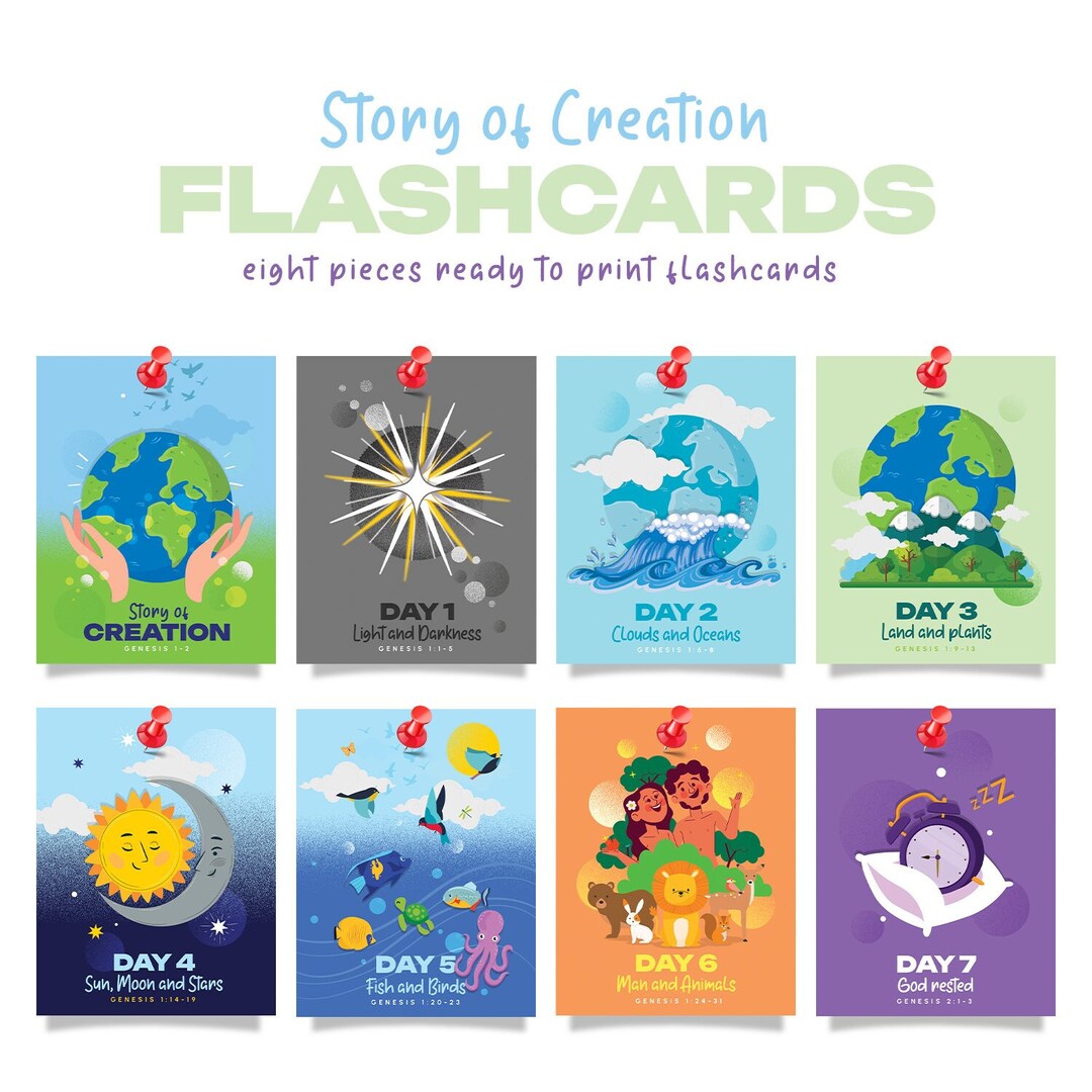 7 Days of Creation Flash Cards, Genesis, Bible Lesson for Kids, Homeschool Activities, Sunday ...