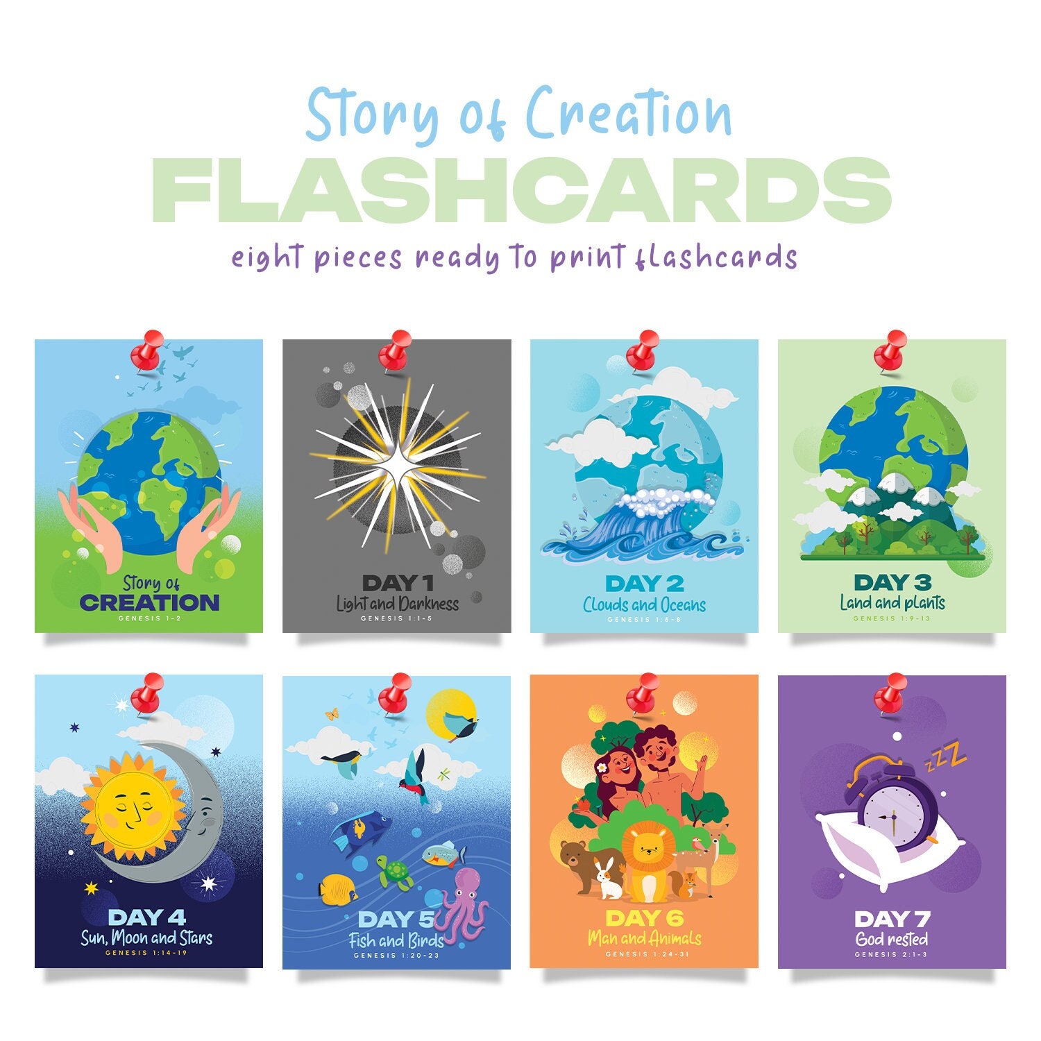 7 Days of Creation Flash Cards, Genesis, Bible Lesson for Kids ...