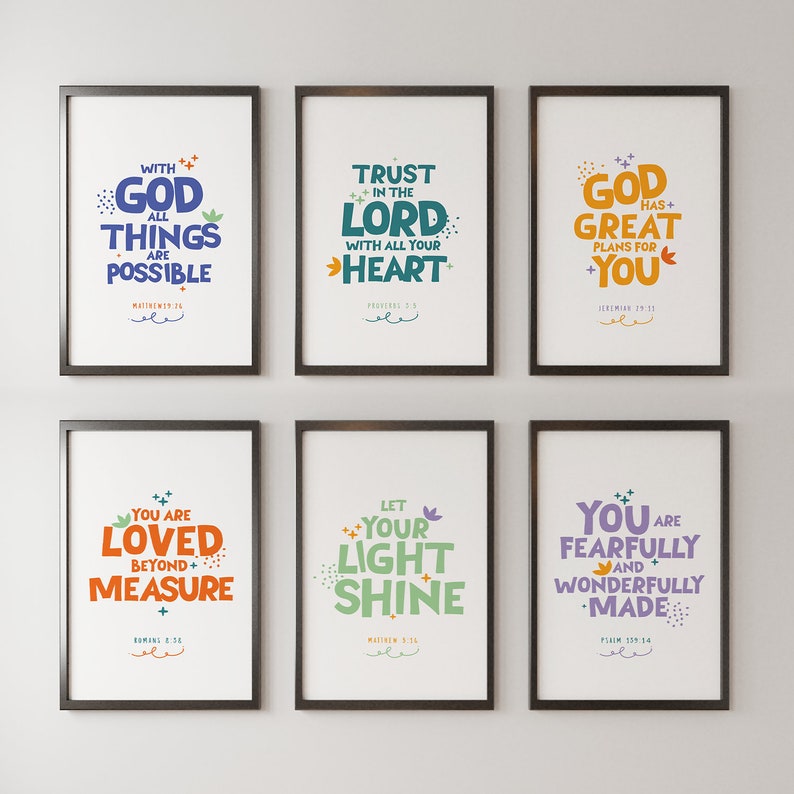 Set of 6 Kids Bible Verse Wall Art, Christian Nursery Playful Scripture ...
