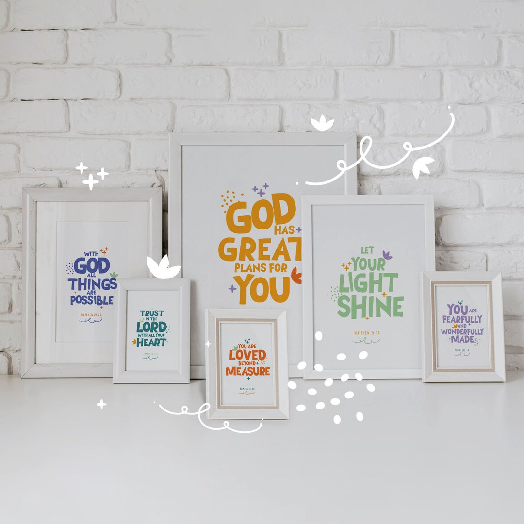 Set of 6 Kids Bible Verse Wall Art, Christian Nursery Playful Scripture ...