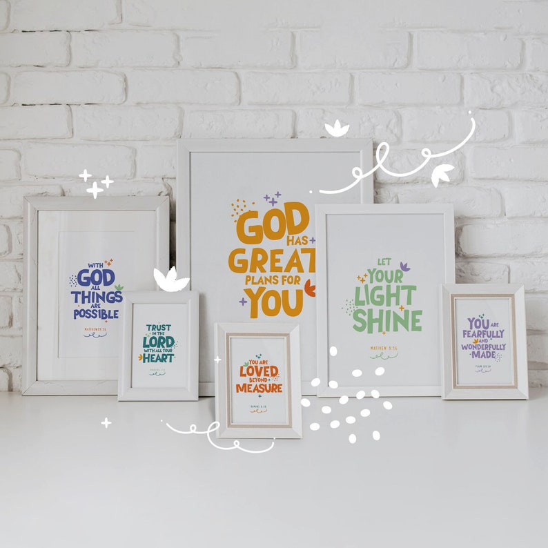Set of 6 Kids Bible Verse Wall Art, Christian Nursery Playful Scripture ...