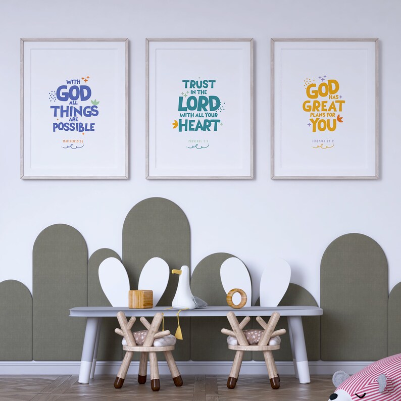 Set of 6 Kids Bible Verse Wall Art, Christian Nursery Playful Scripture ...