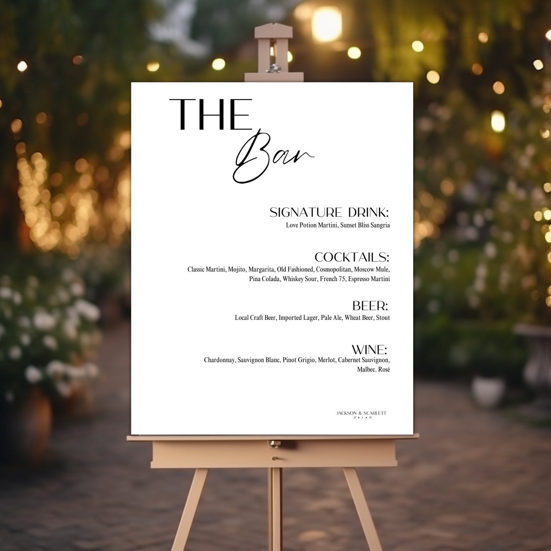 Bar Menu Template, the Bar Sign, Modern Minimalist Printable Wedding ...