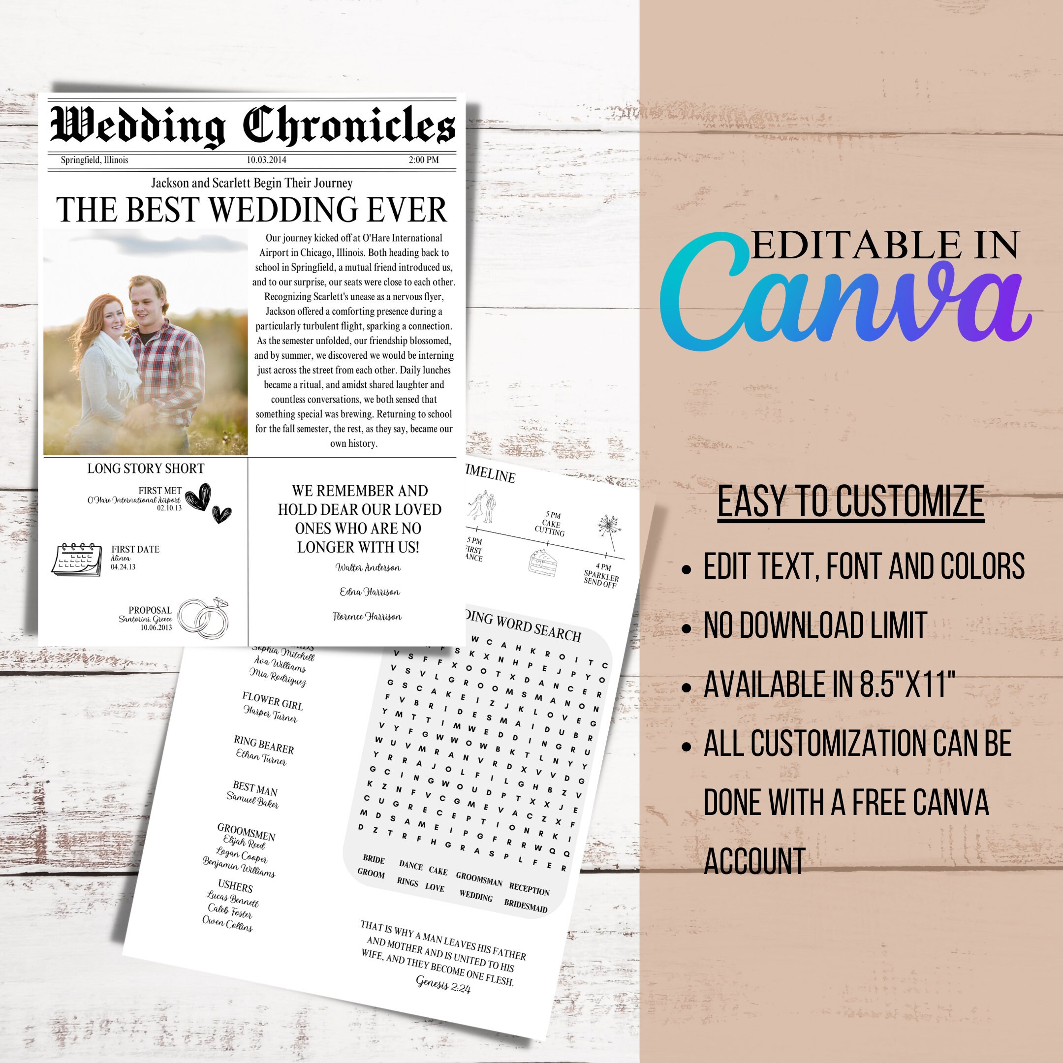 Wedding Newspaper Template Canva Wedding Newspaper Template Editable ...