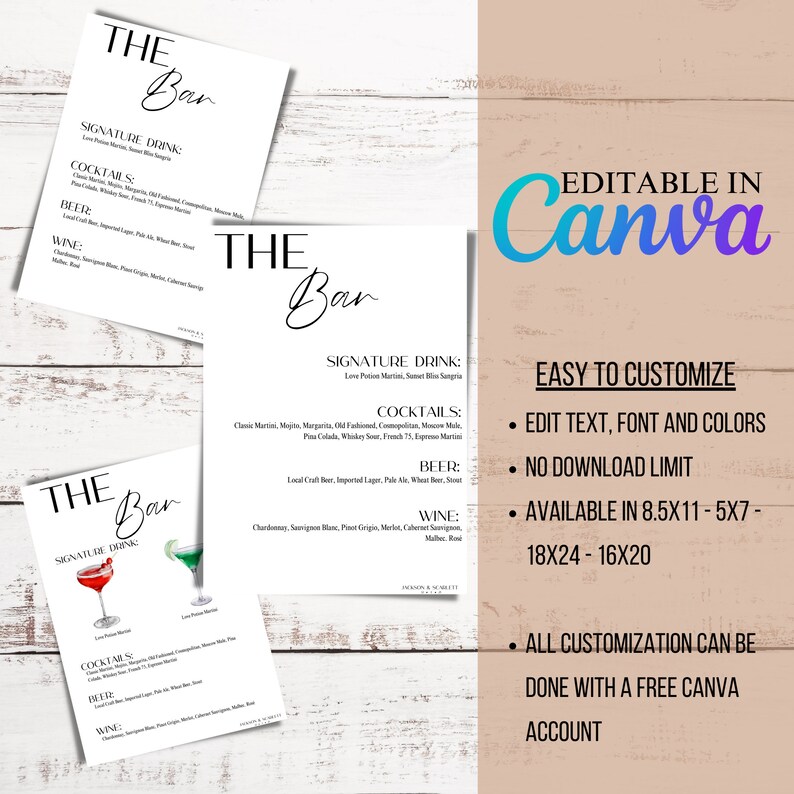 Bar Menu Template, the Bar Sign, Modern Minimalist Printable Wedding ...